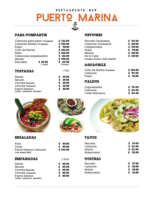 Menu at Puerto Marina restaurant, Mexico City