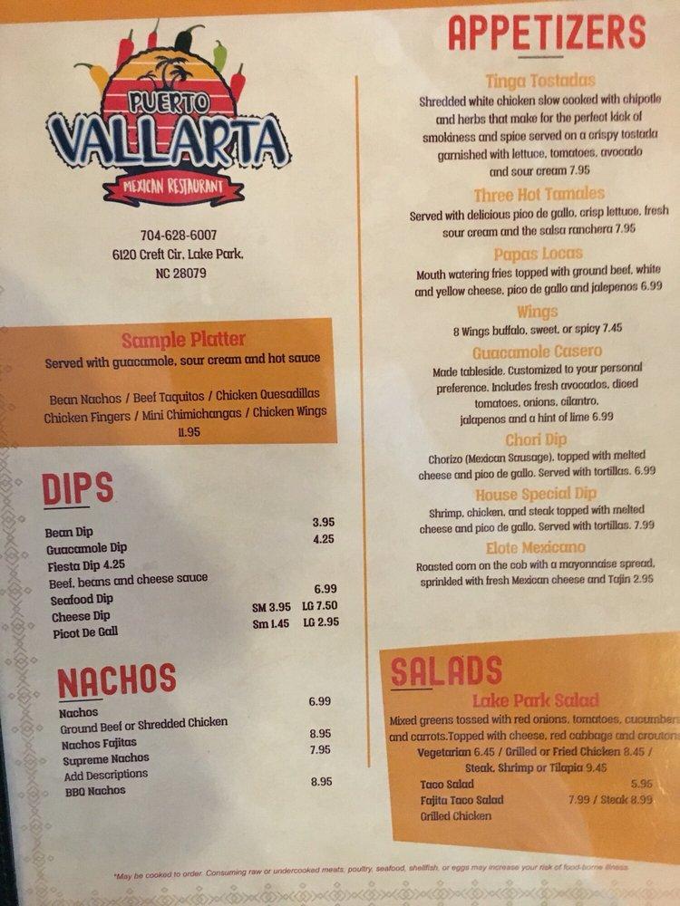 Menu at Puerto Vallarta restaurant, Lake Park