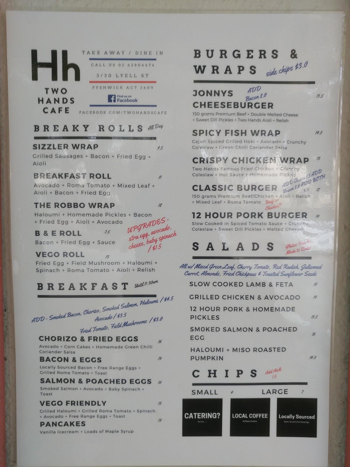 Carta de Two Hands Cafe., Fyshwick