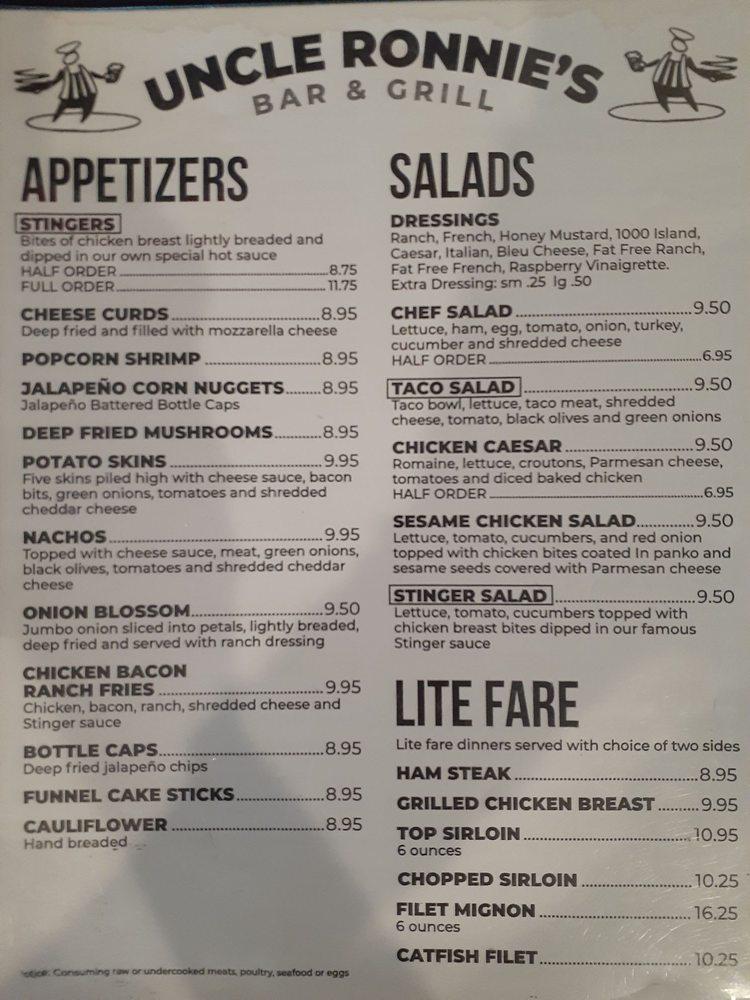 Menu at Uncle Ronnie's steakhouse, West Burlington
