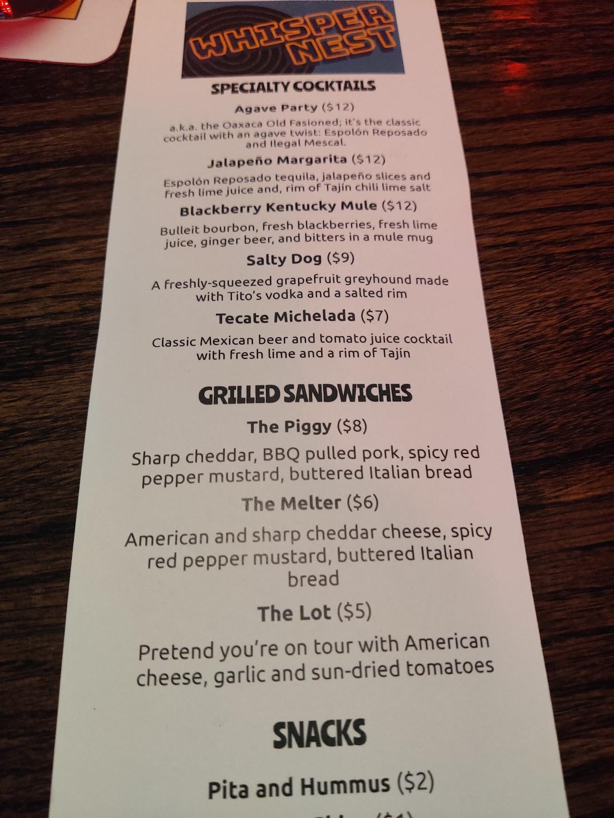 Menu at Whisper Nest pub & bar, Millvale