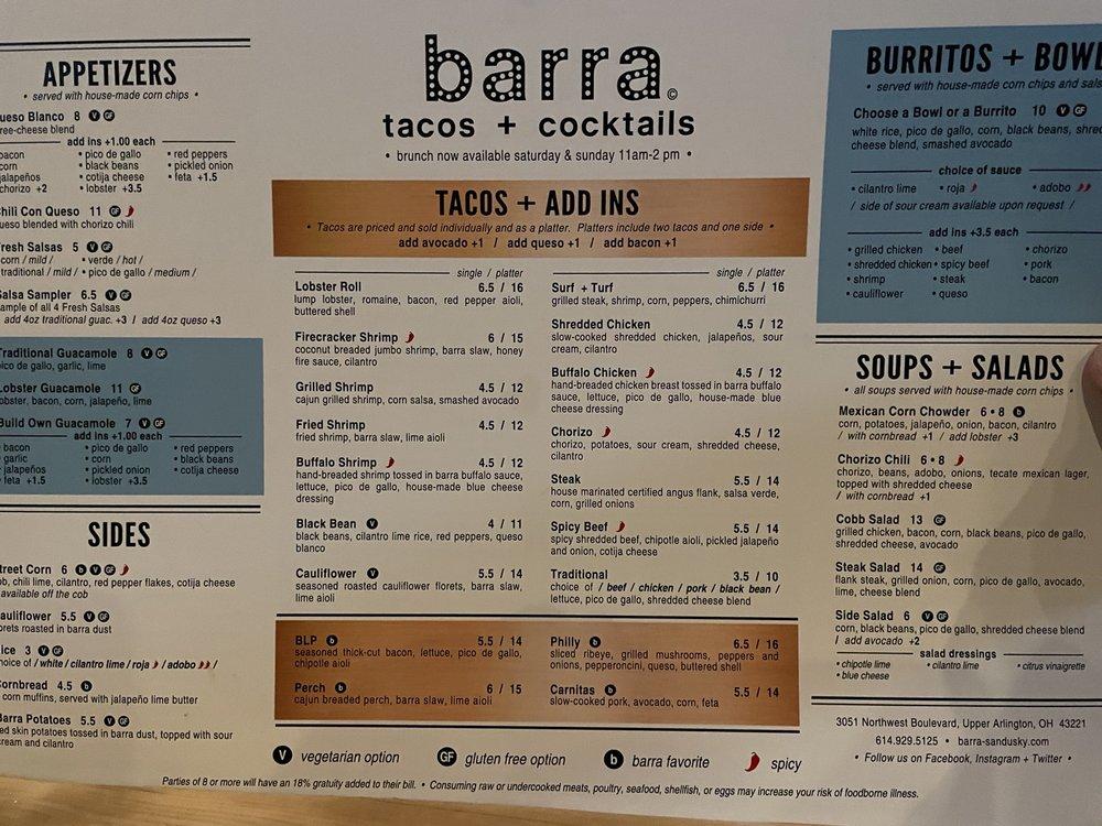 Menu at Barra tacos + cocktails UA, Upper Arlington
