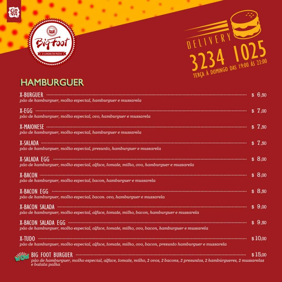 Menu at BigFoot Delivery restaurant, Três Corações