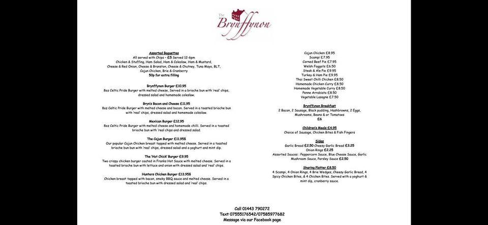 Menu at Brynffynon Hotel pub & bar, Pontypridd
