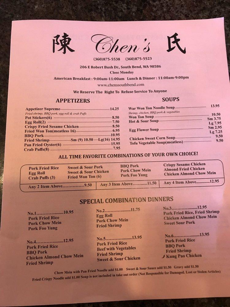 Menu at Chen's Restaurant & Motel, South Bend