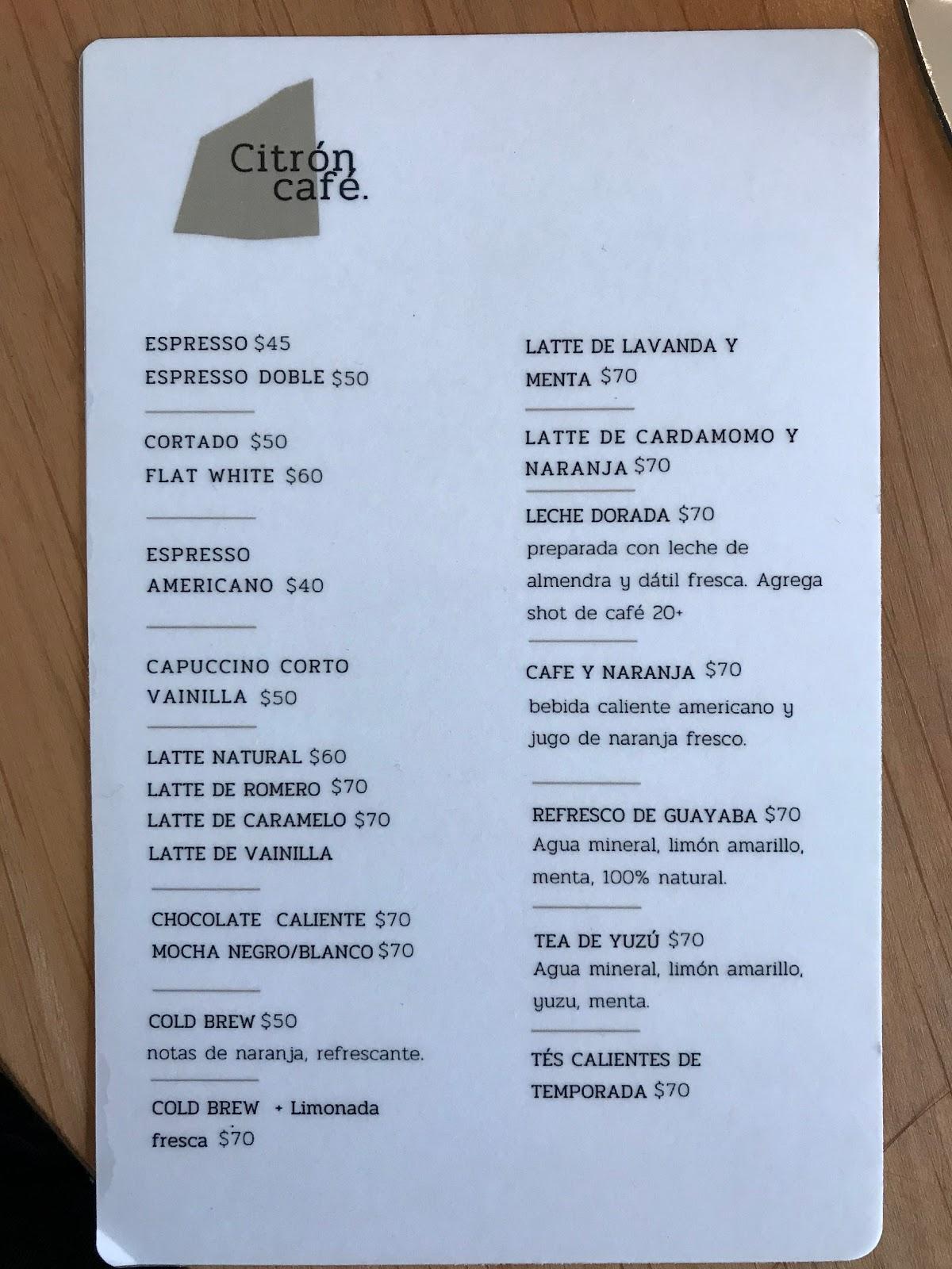 Menu at Citron cafe, Tijuana