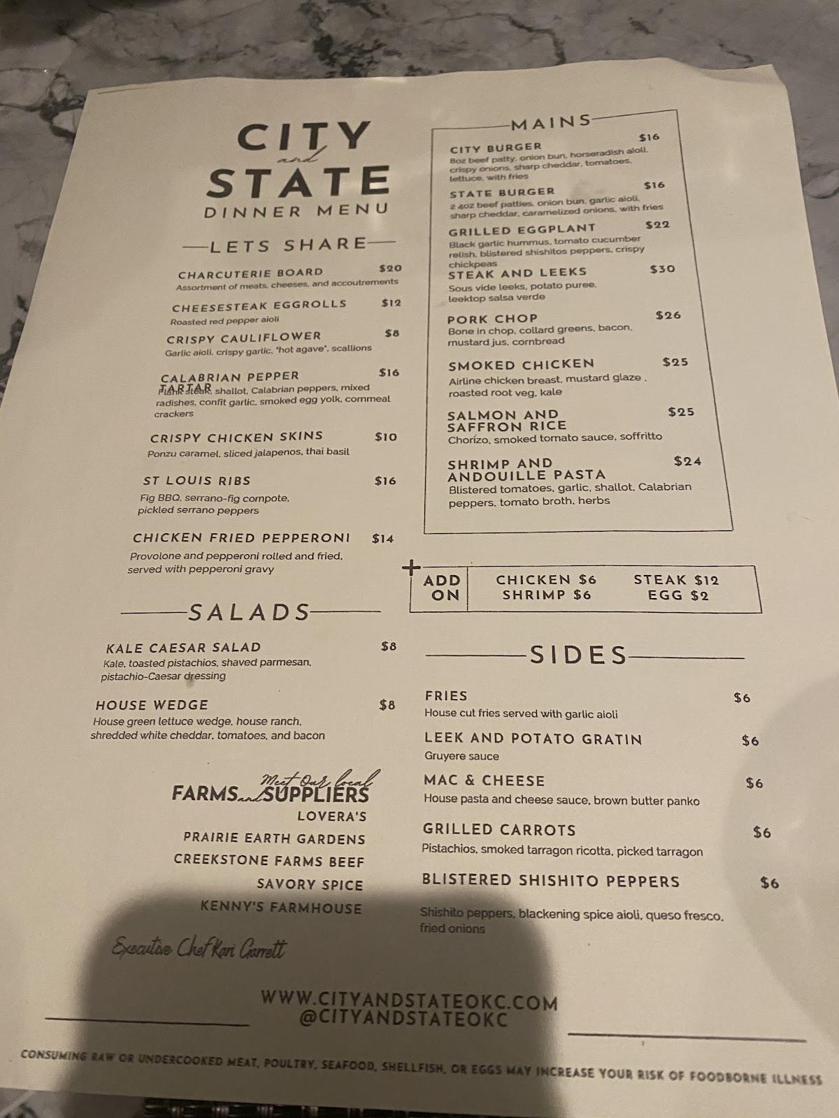 Menu at City & State pub & bar, Oklahoma City