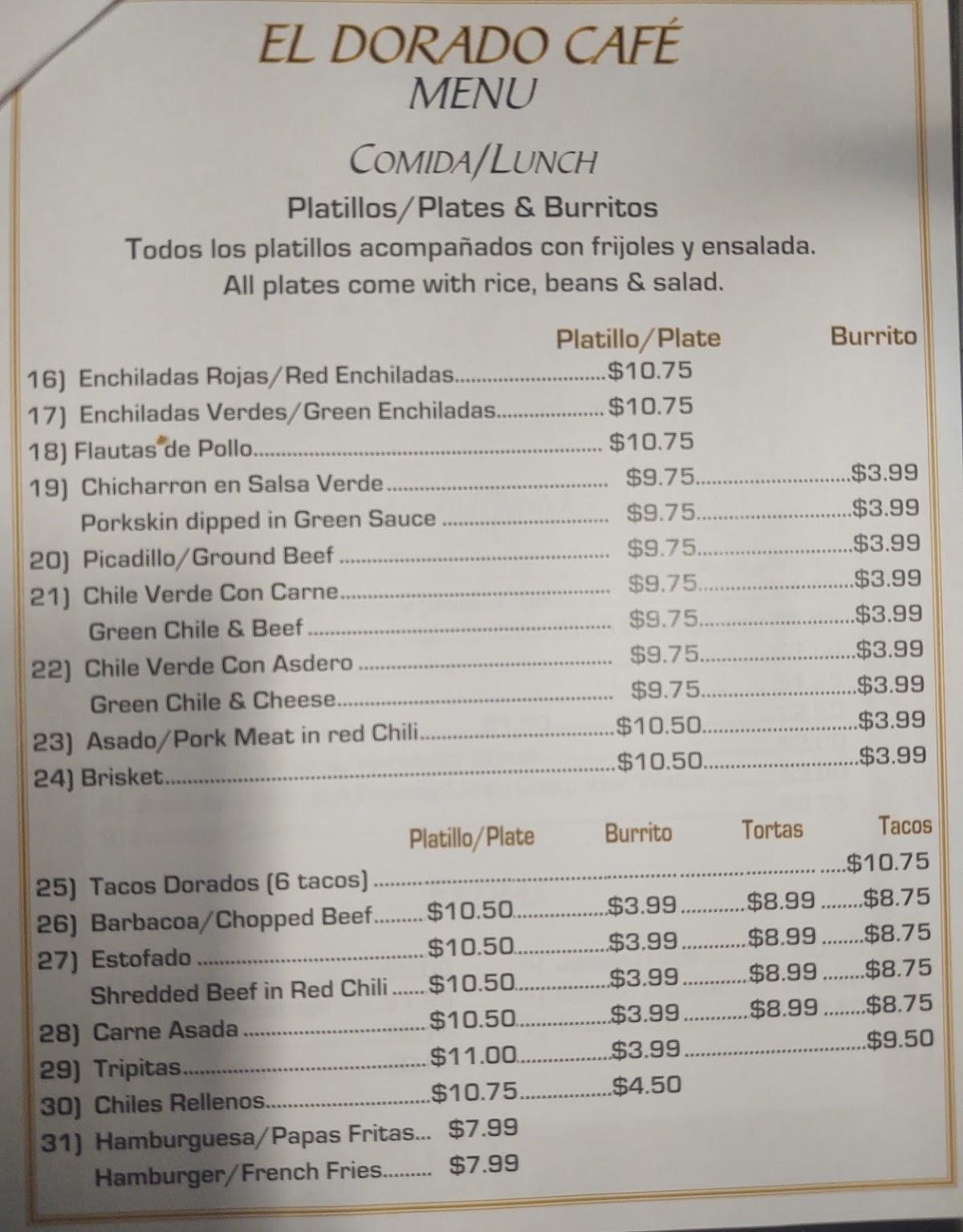 Menu at El Dorado Cafe, Odessa