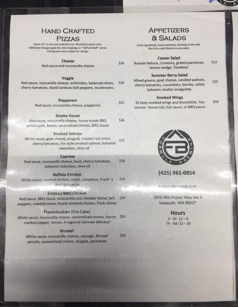 Menu at Formula Brewing pizzeria, Issaquah