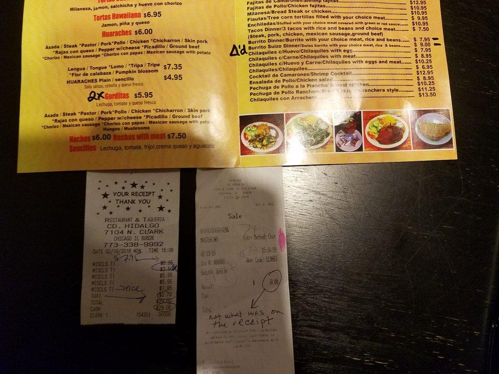 Menu at Hidalgo Restaurant, Chicago
