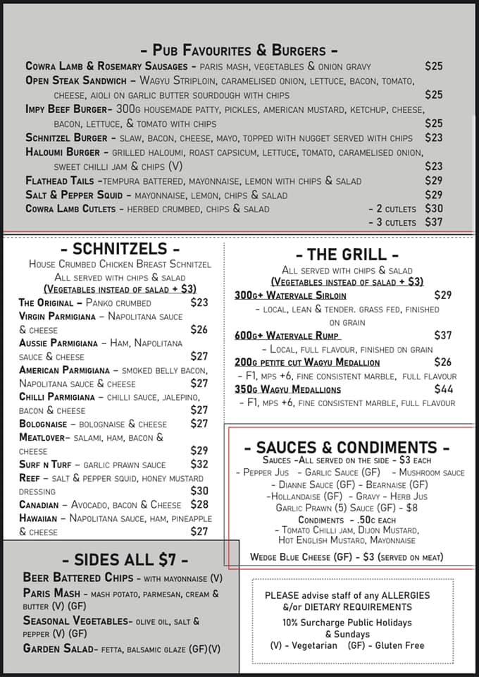 Menu at Imperial Hotel pub & bar, Cowra