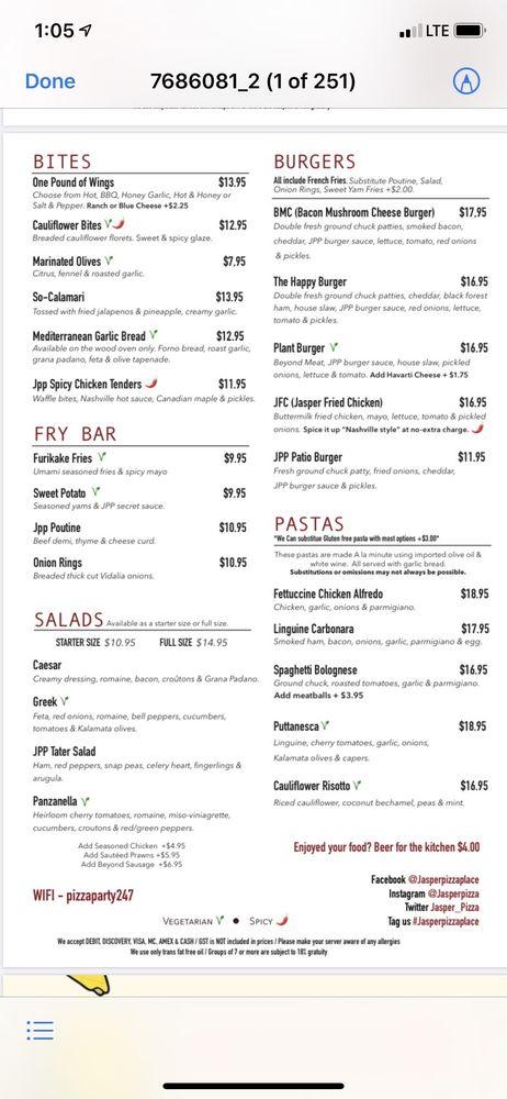 Menu at Jasper Pizza Place pizzeria, Jasper