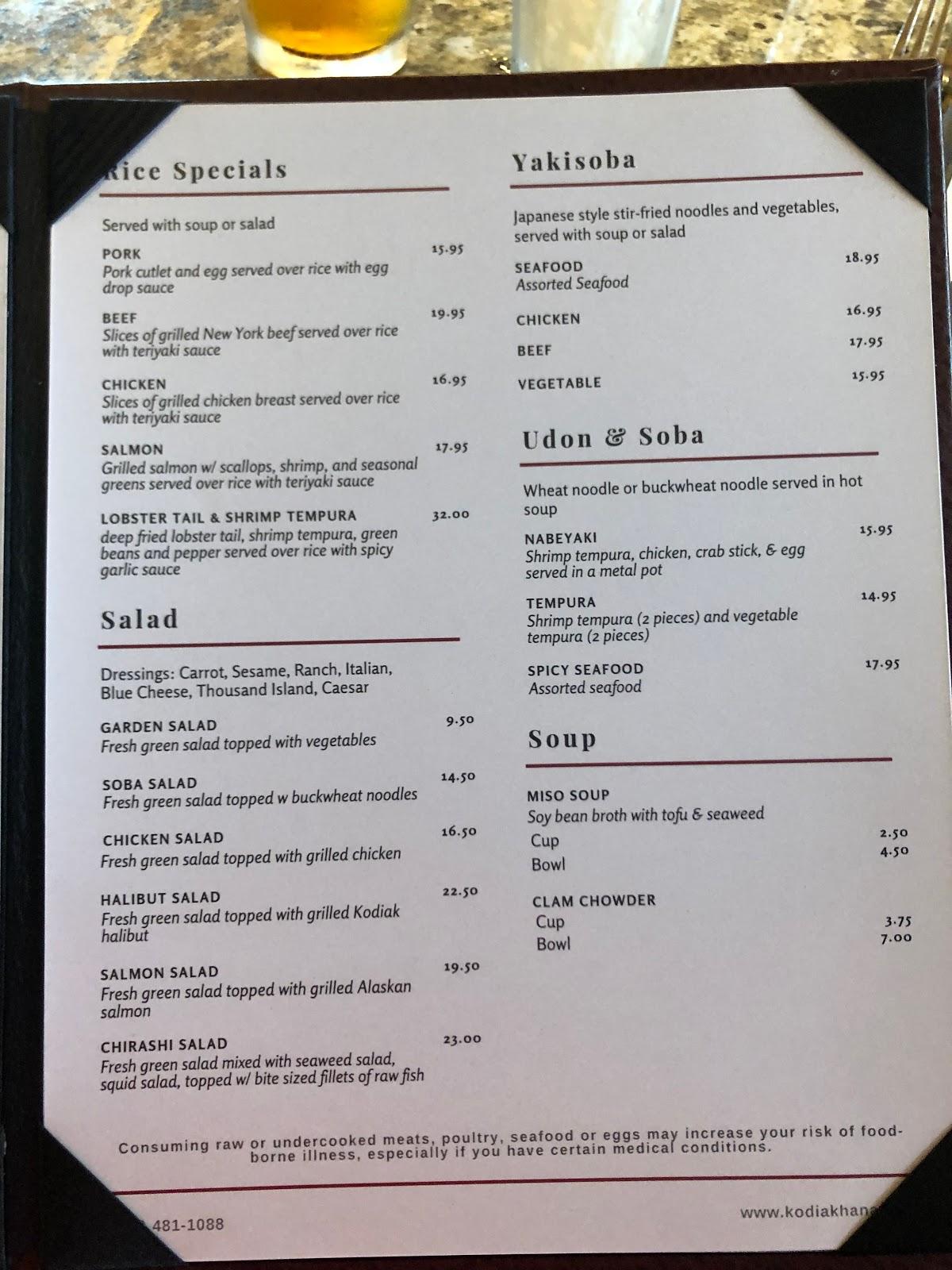 Menu at Kodiak Hana Restaurant, Kodiak
