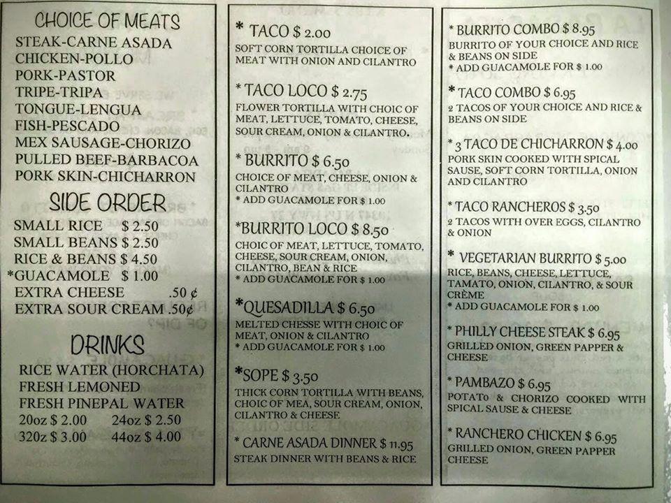 Menu at Los Chiles Taqueria restaurant, Ocala