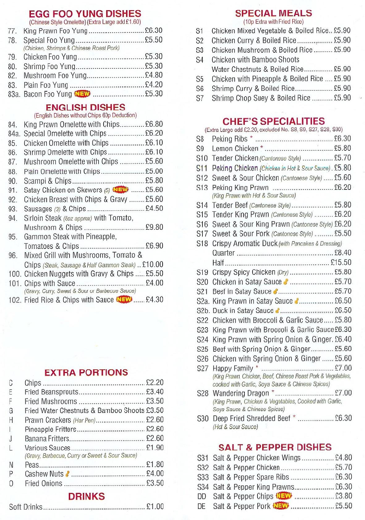 Menu at Pagoda fast food, Beccles