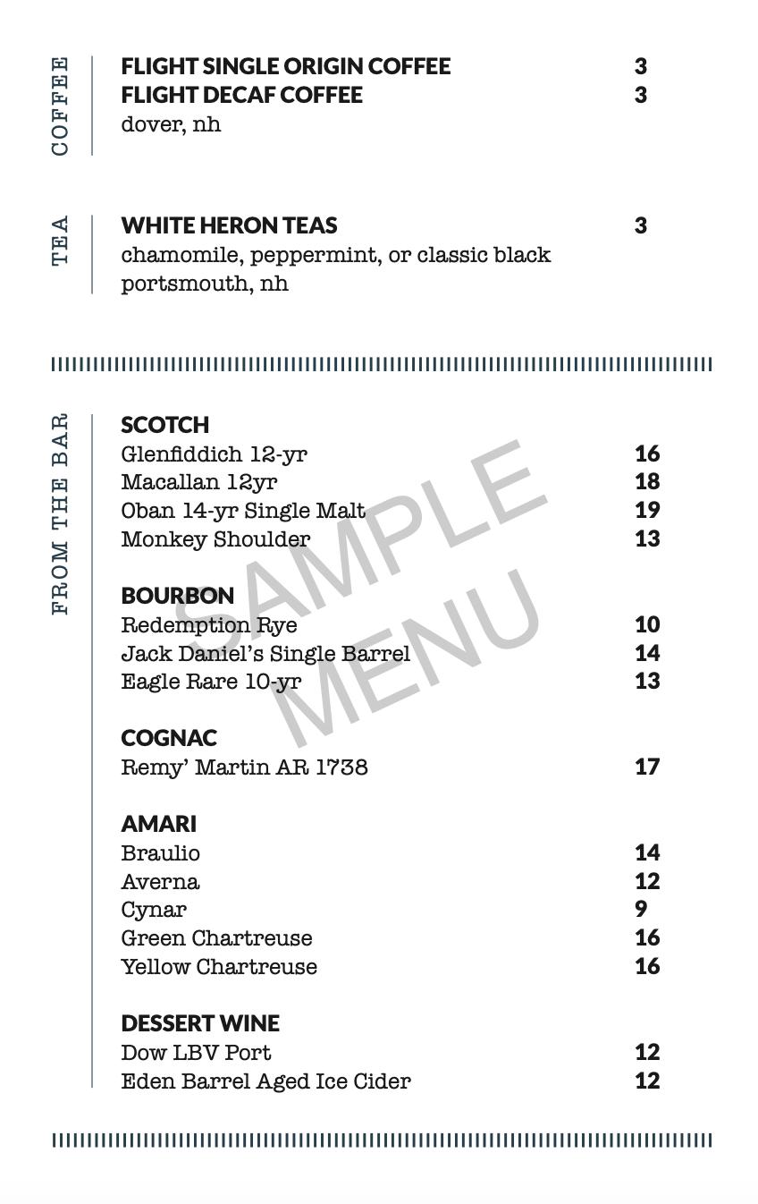 Menu at Pavilion restaurant, Wolfeboro