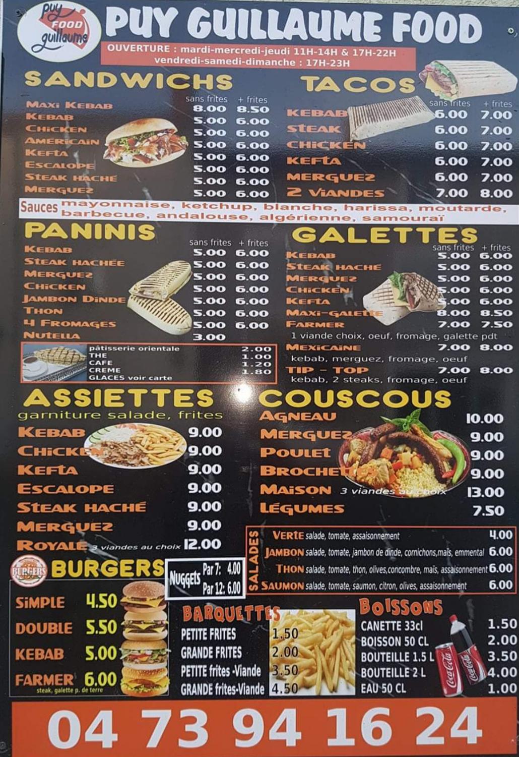 Menu at Kebab Puy Guillaume restaurant, Puy-Guillaume