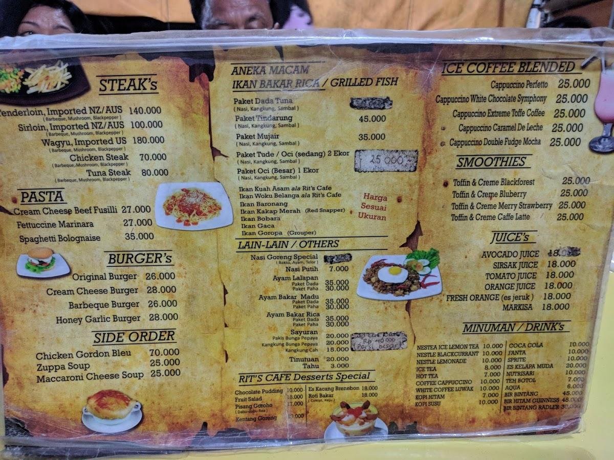 Menu at Rit's Café restaurant, Manado