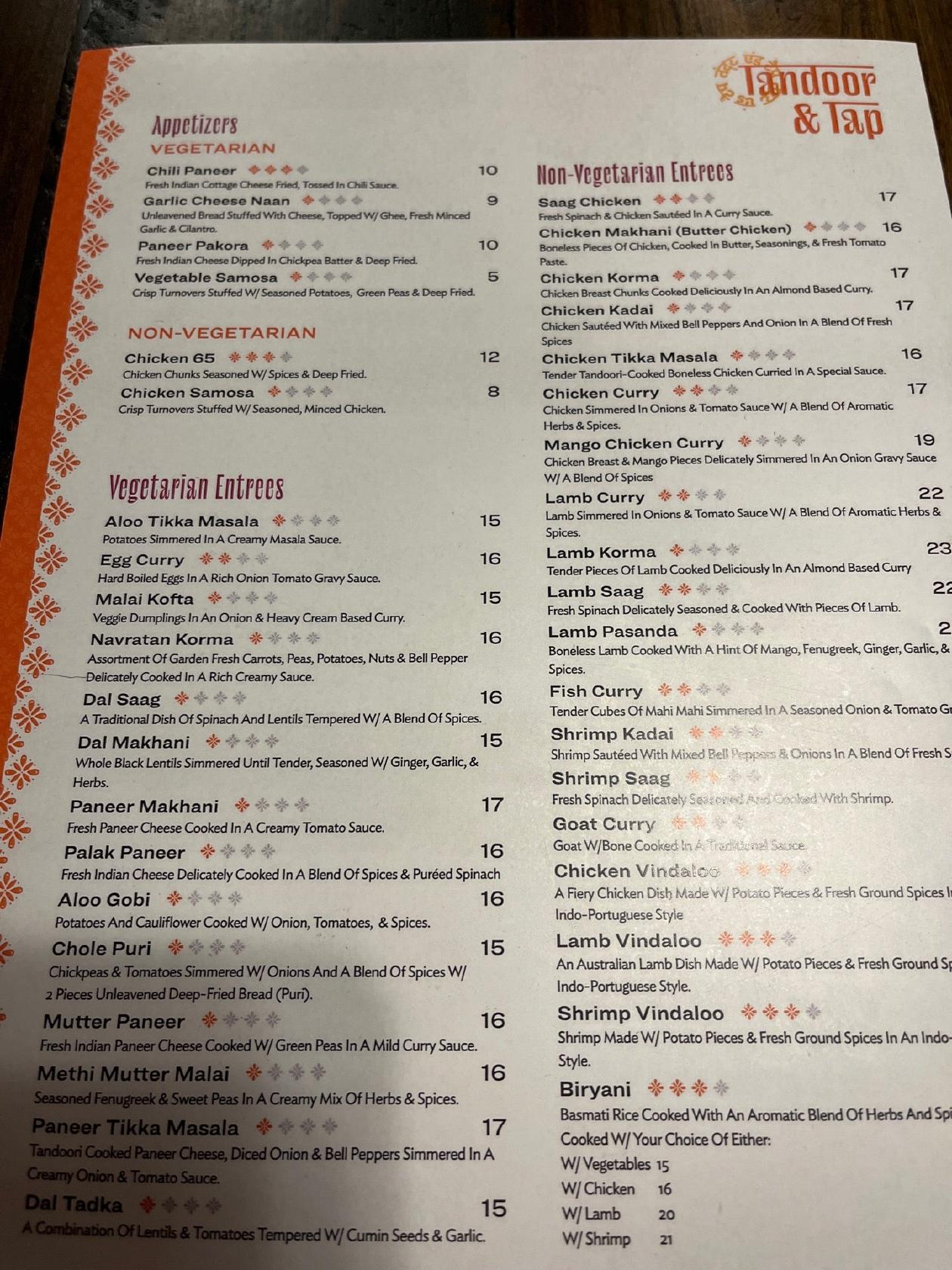 Menu at Tandoor and Tap restaurant, Statesboro