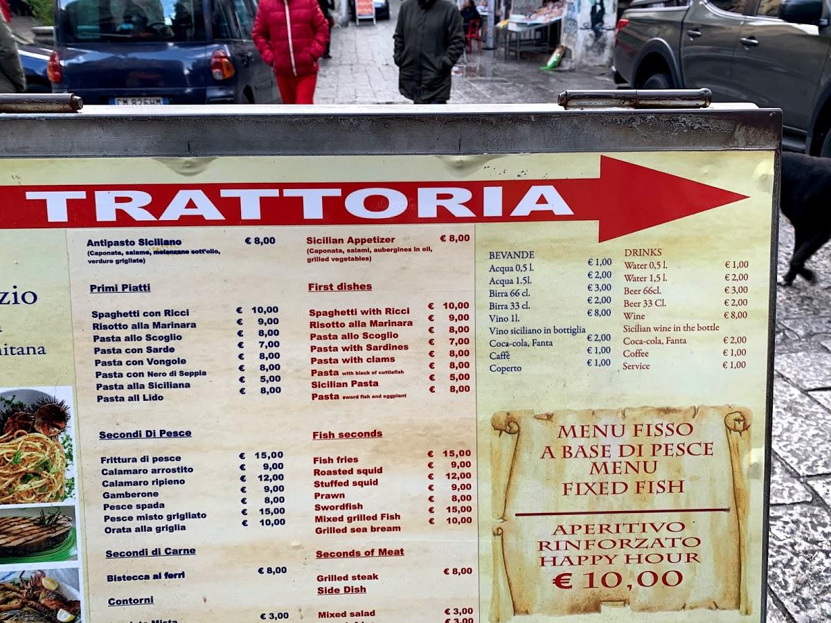 Menu at Trattoria Da Maurizio restaurant, Palermo