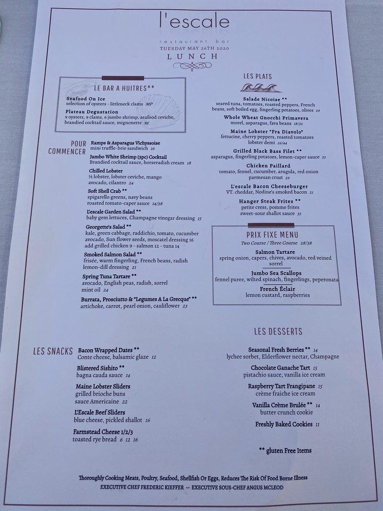 Menu at l'escale restaurant, Greenwich