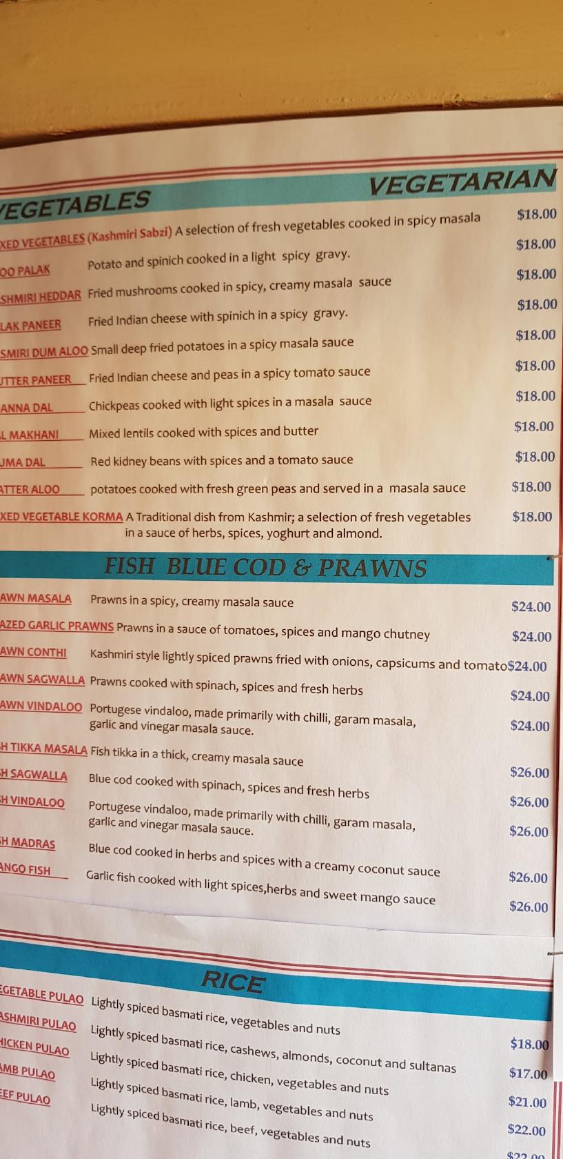 Menu at Ashraf's restaurant, Wanaka