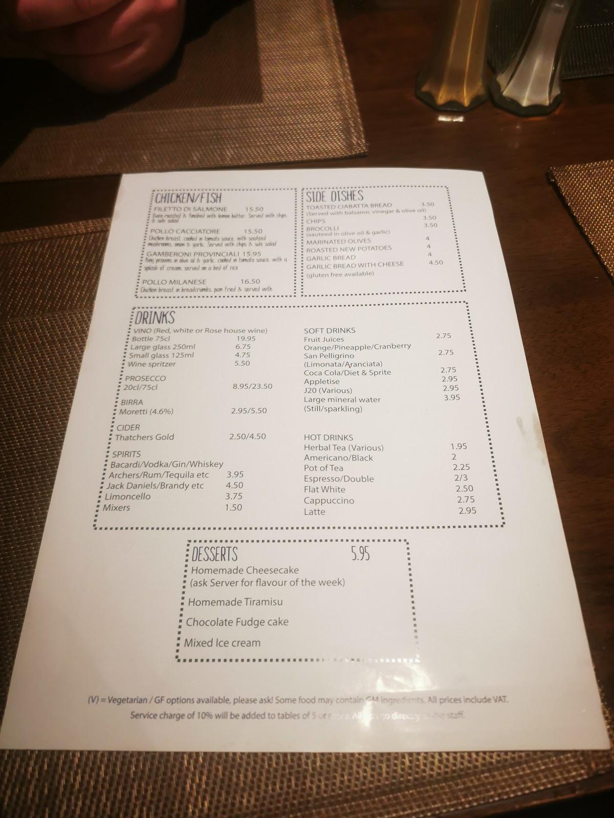 Menu at La Grotta pizzeria, Bristol