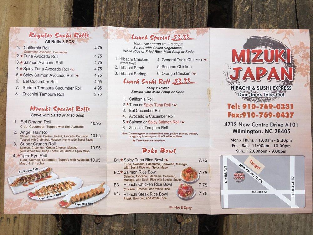 Menu at Mizuki Japan restaurant, Wilmington
