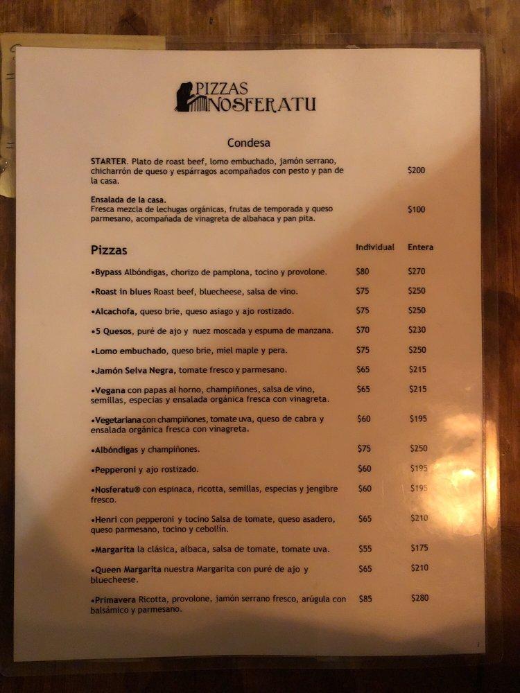 Menu at Nosferatu pizzeria, Ciudad López Mateos, Calle Juan Escutia 24 ...