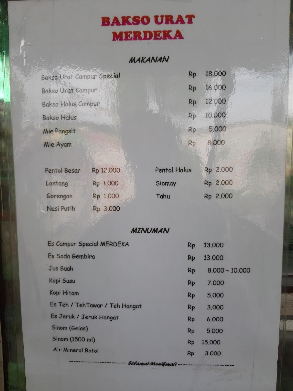 Menu at Bakso Urat Merdeka restaurant, Sidoarjo, GPPG+48R