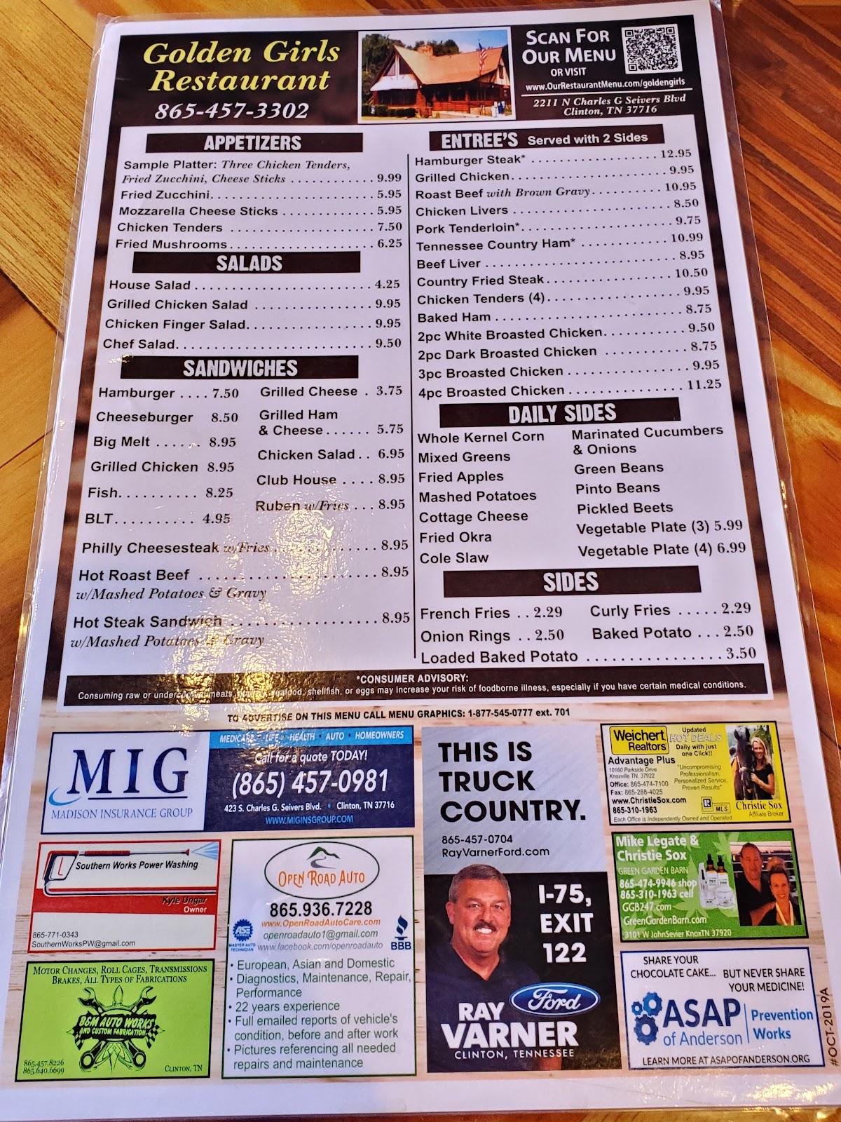 Menu at Golden Girls Restaurant, Clinton