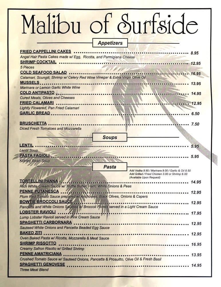 Menu at Malibu Of Surfside Italian Restaurant, Surfside Beach