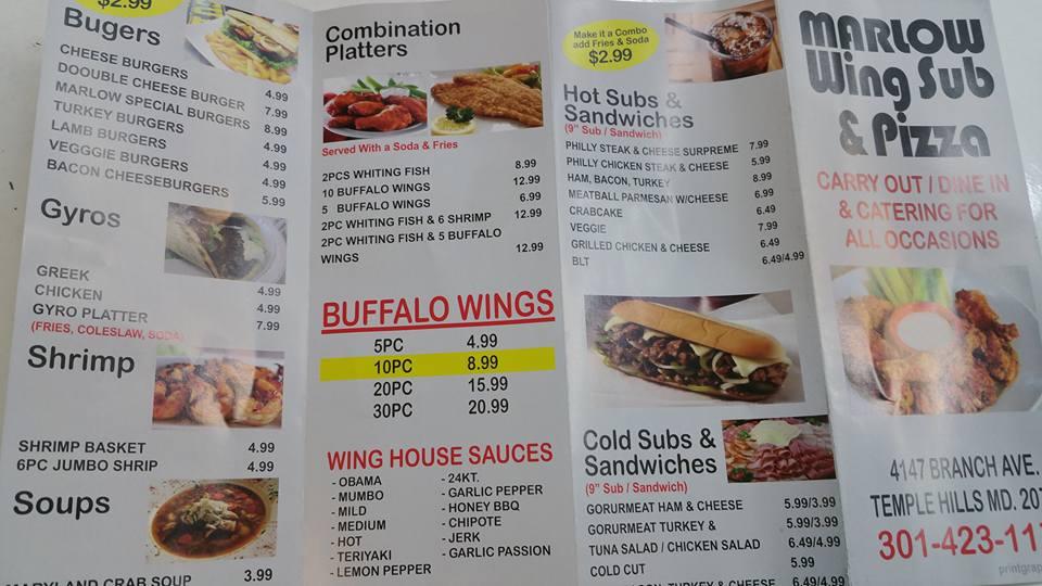 Menu at Marlow Winghouse & Sports Grill pub & bar, Temple Hills