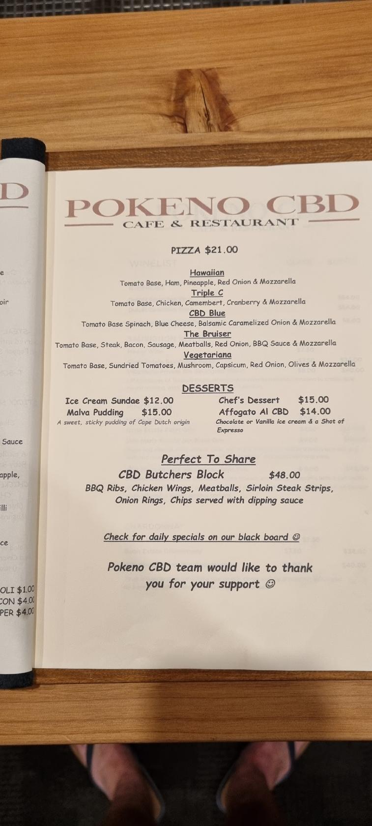 Menu at Pokeno CBD restaurant, Pokeno