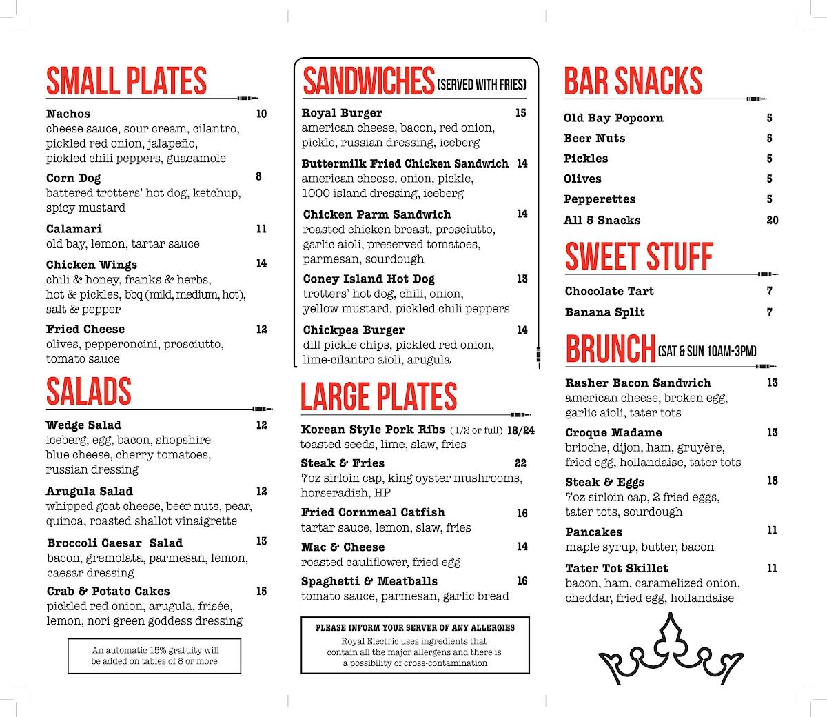 Menu at Royal Electric Bar & Public Eatery, Guelph