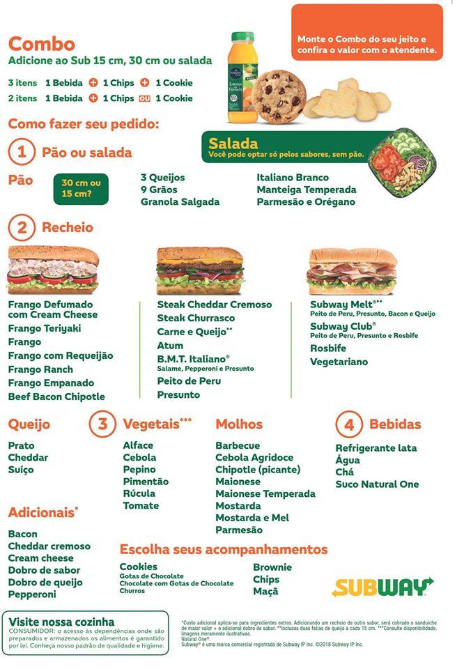 Menu at Subway restaurant, Ponte Nova