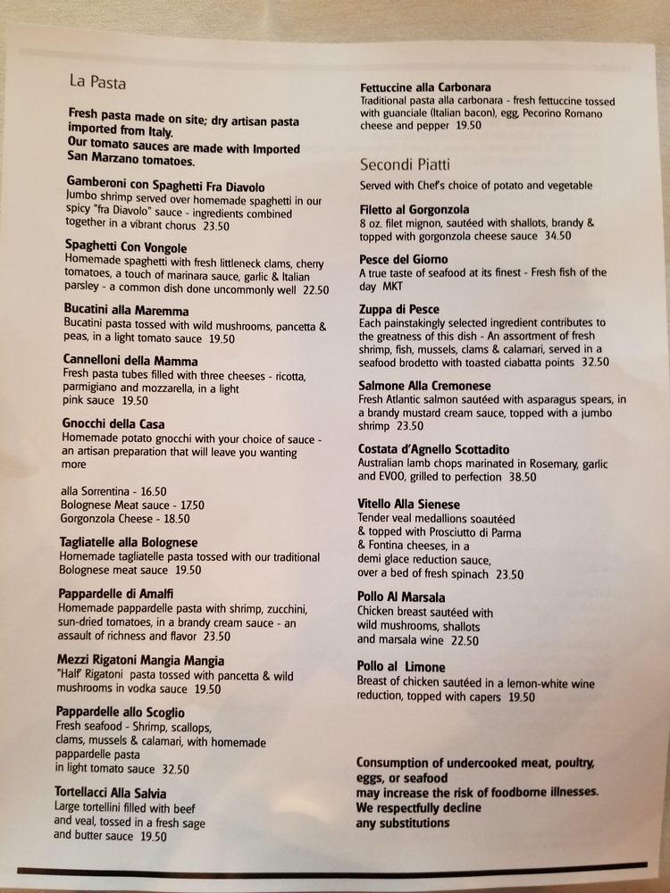 Menu at Adriatico Trattoria Italiana restaurant, Orlando
