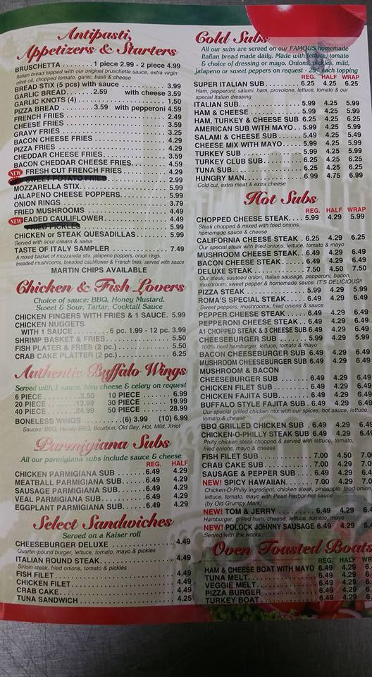 Menu at Bella Roma restaurant, Winterstown