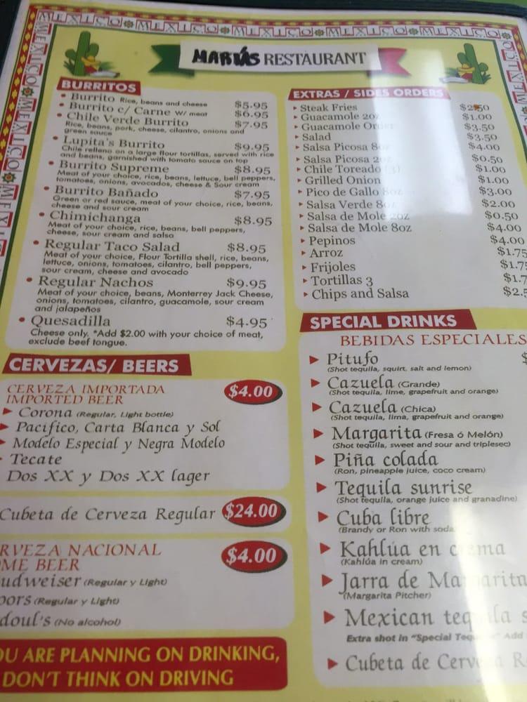 Menu at Maria's Mexican Restaurant, Carson City