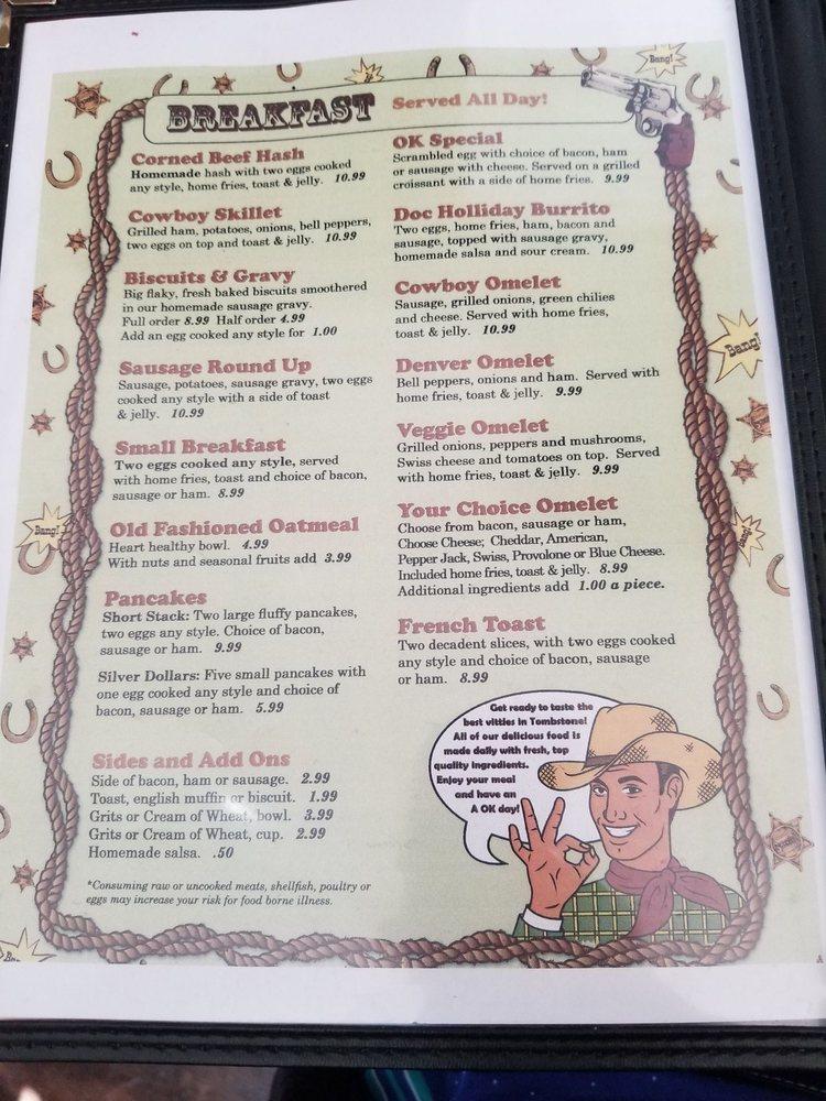 Menu at O K Cafe Tombstone, Tombstone