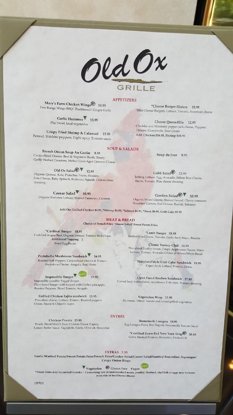 Menu at Old Ox Grille & Cardinal Bar, Herndon