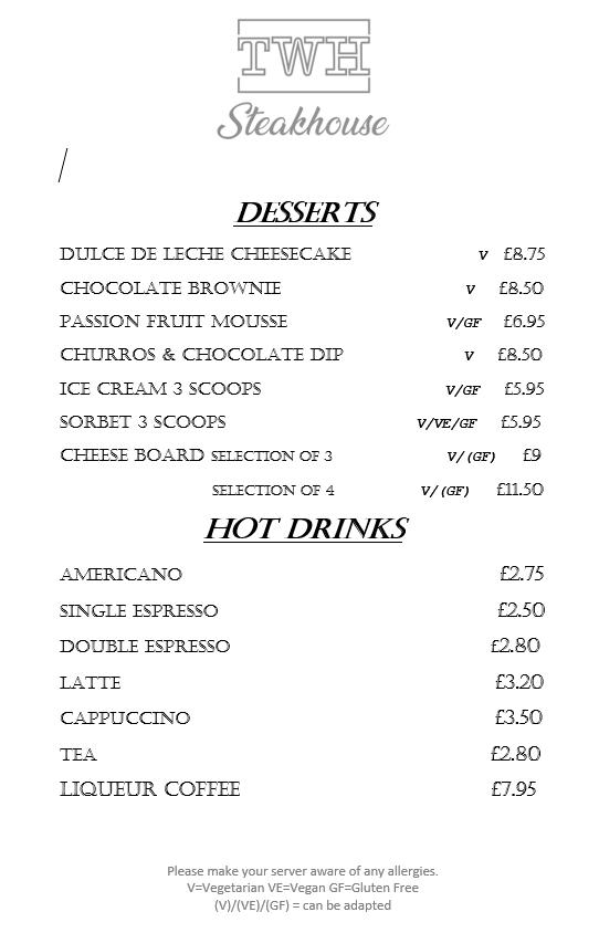 Menu at TWH Steakhouse, Ingatestone