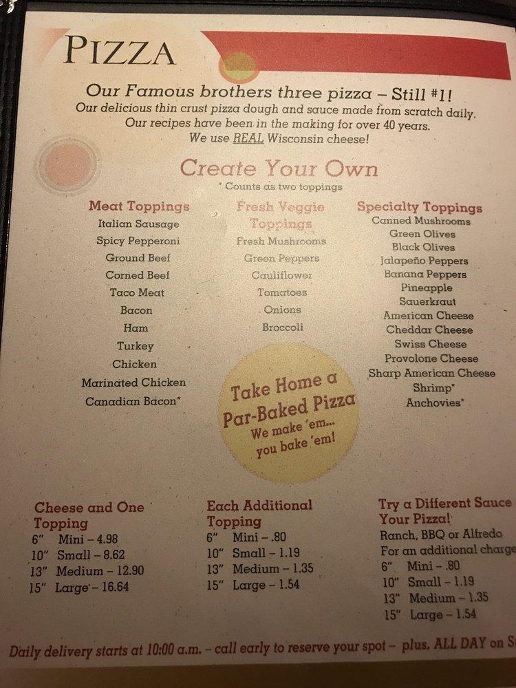 Menu at The Brothers Three pizzeria, Marinette