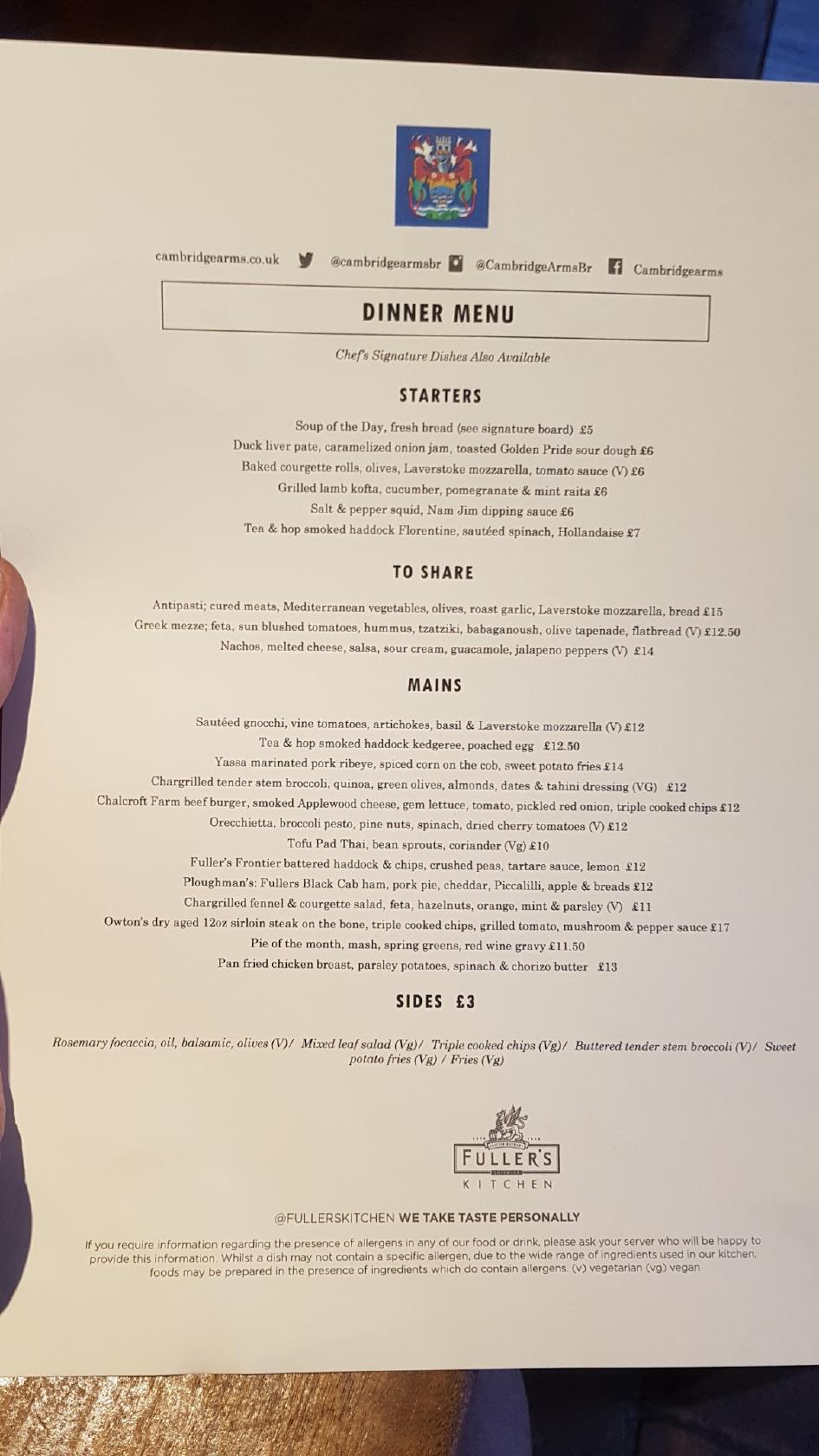 Menu at The Cambridge Arms pub & bar, Bristol
