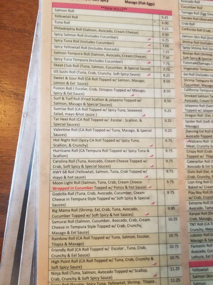 Menu at US Sushi restaurant, Greensboro