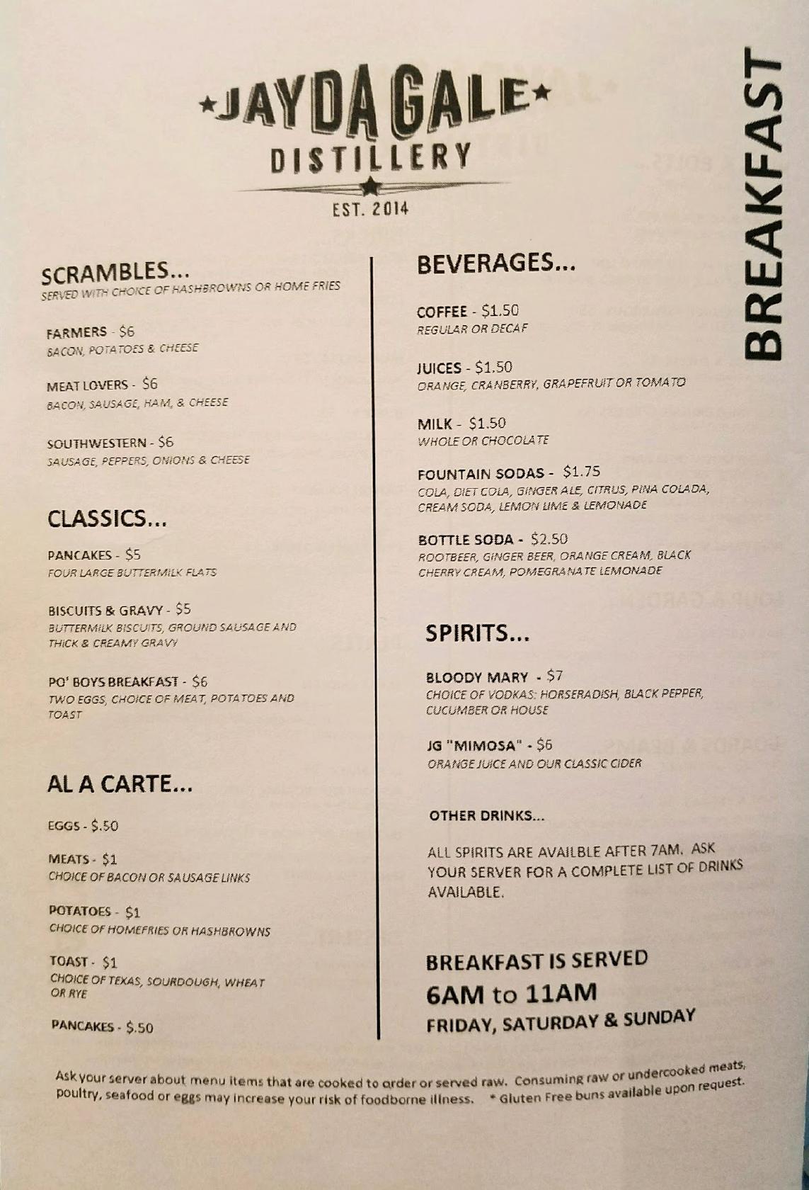 Menu at 4 One 2 Distillery restaurant, Wayland