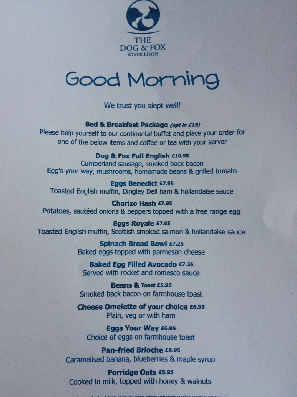 Menu at Dog & Fox pub & bar, London, 24 High St