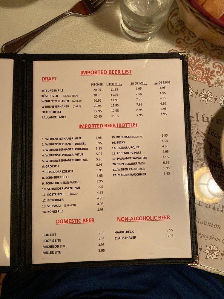 Menu at Edelweiss German Restaurant, Greenville