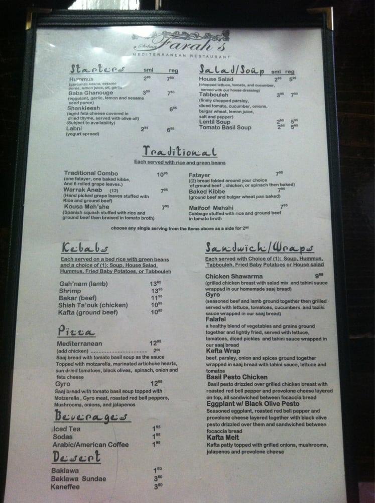 Menu at Farah's Mediterranean restaurant, El Paso