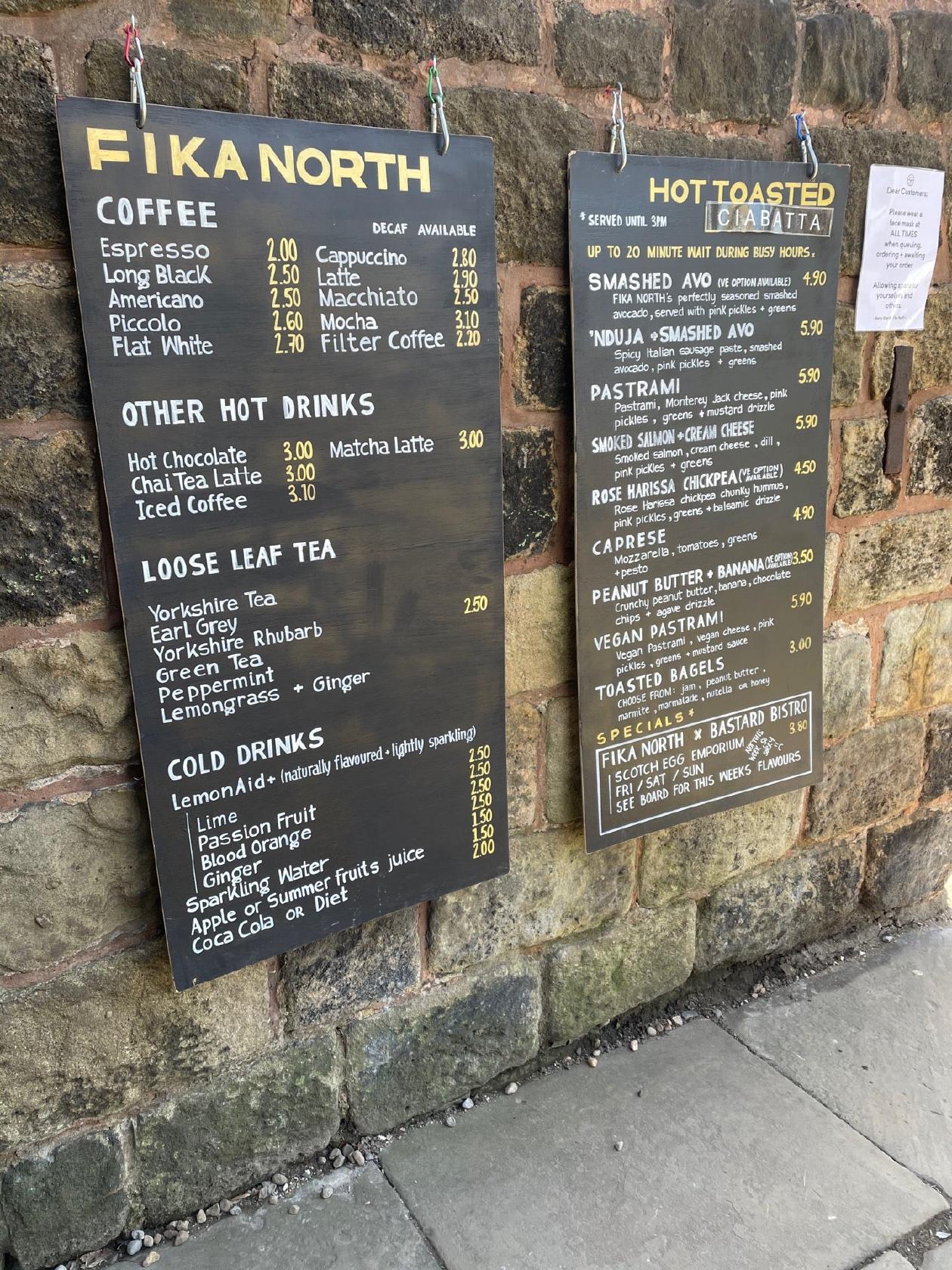 Menu at Fika North Coffee cafe, Leeds